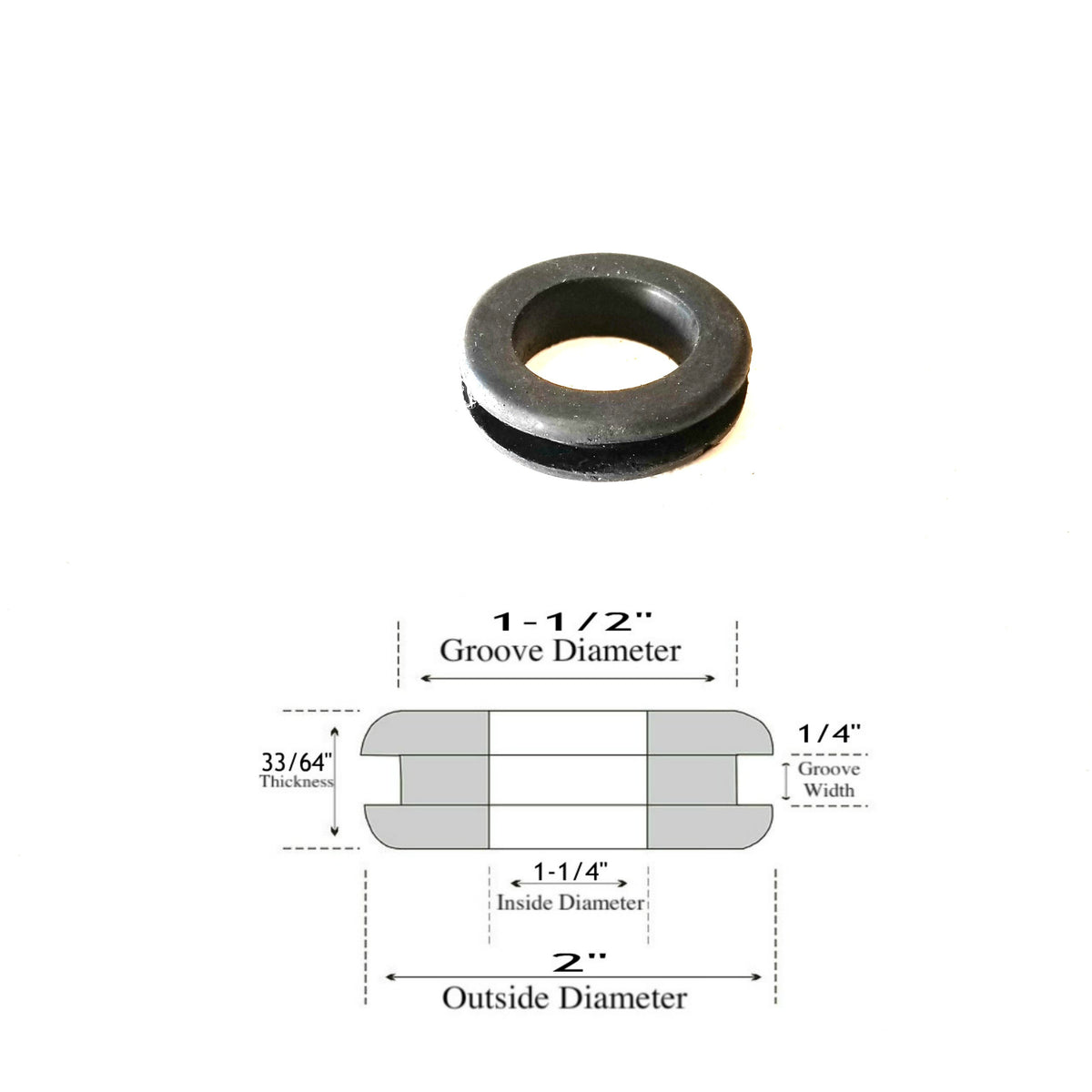 1-1/4" ID Rubber Grommet - 2" OD - 1/4 GW - Fits 1-1/2" Panel Hole